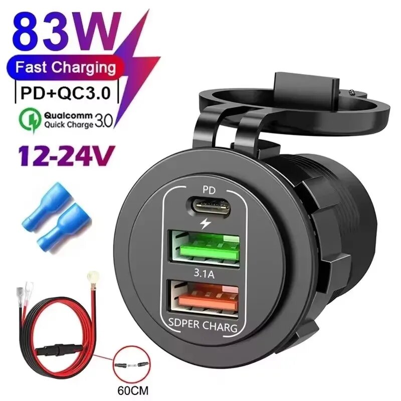 30 Вт PD Type-C QC3.0 Автомобильное зарядное устройство USB 12 В/24 В USB C Розетка для зарядного устройства Быстрая зарядка для мотоцикла RV Лодка ATV
