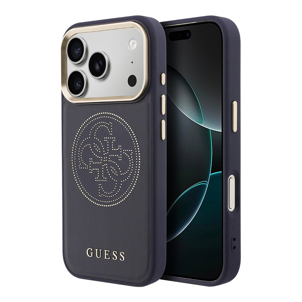 Guess чехол с MagSafe для iPhone 17 Pro, PU кожа с перфорацией 4G logo, с защитой камеры, синий