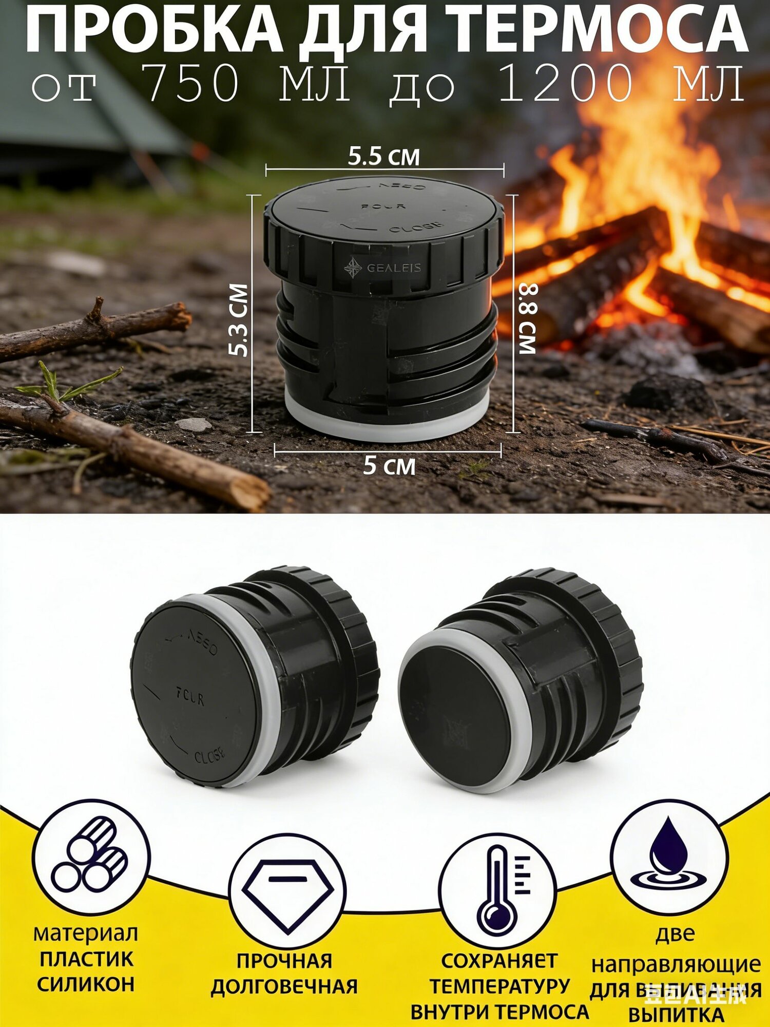 Крышка для термоса с кнопкой, удобное открывание, пищевой пластик, Пробка для термоса с резьбой 1л-Новая модель