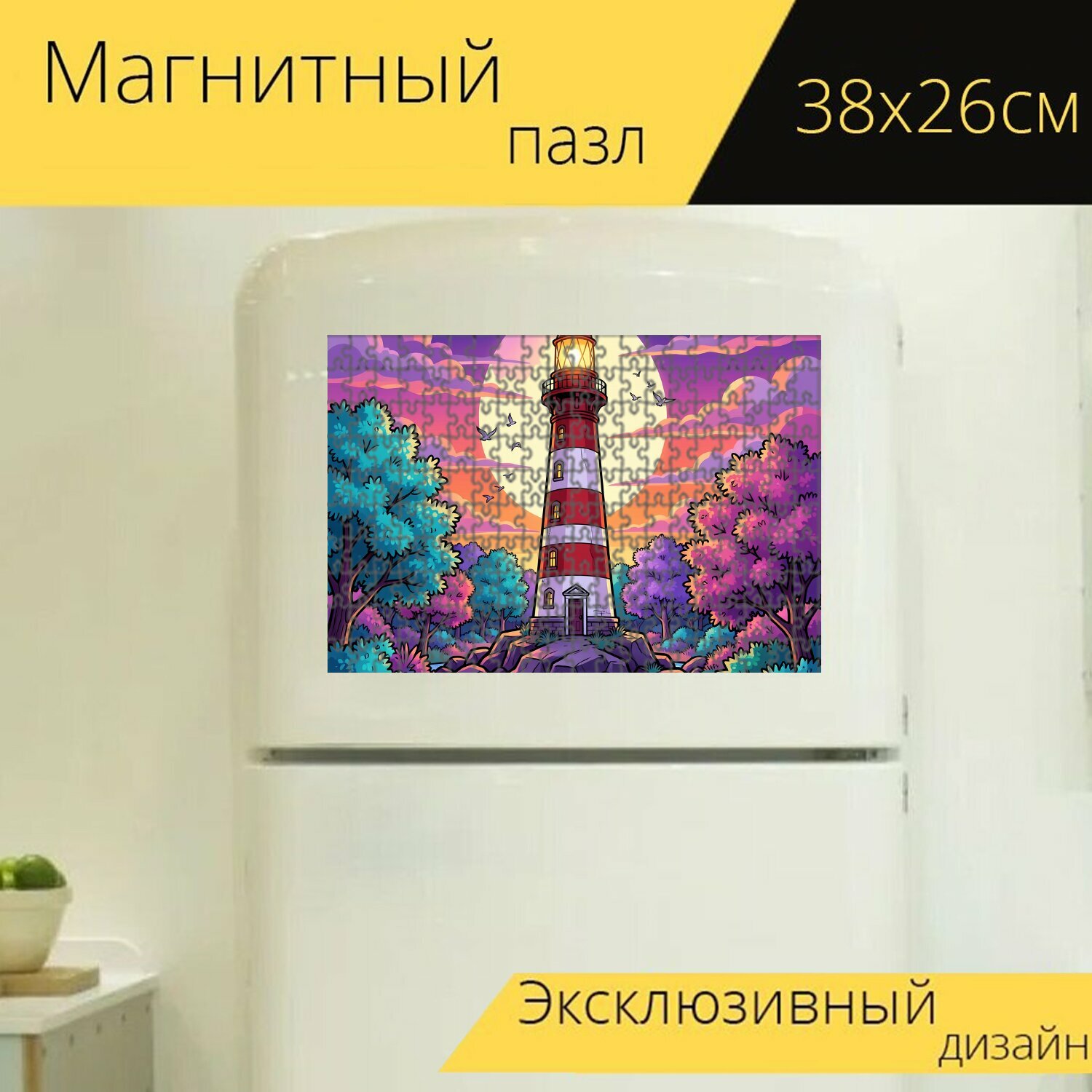 Магнитный пазл "Маяк на закате у моря. Яркая мультяшная морская сцена с красно-белой башней на скалах, летящими птицами, розово-фиолетовыми деревьями и." для интерьера, 38х26 см.