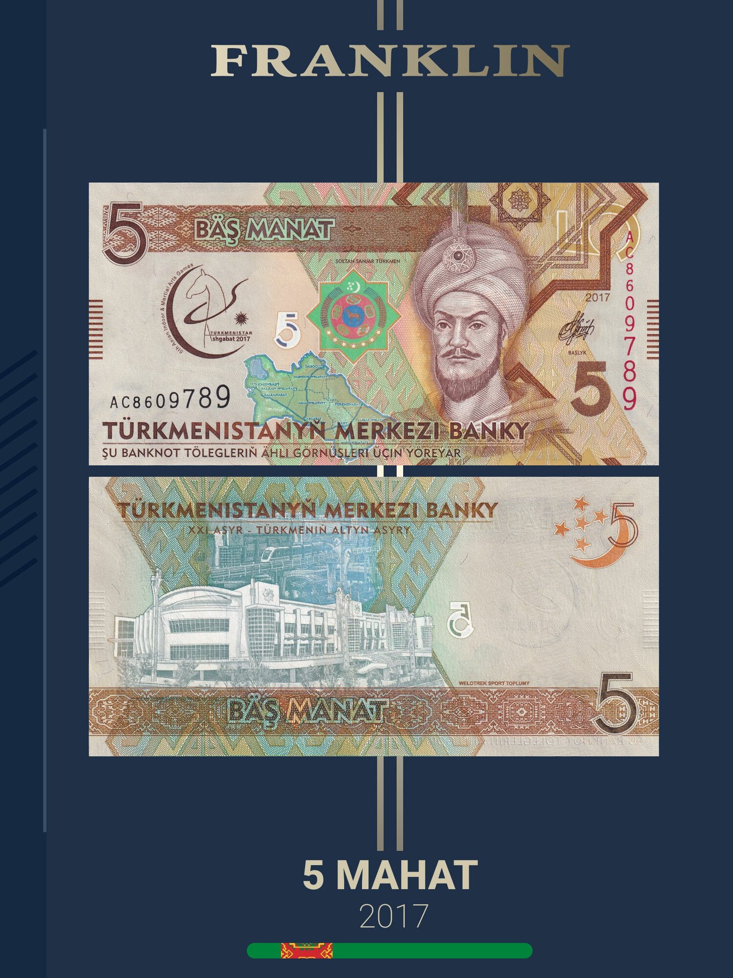 Банкнота Туркменистан 5 манат 2017 год (UNC) Pick 37а