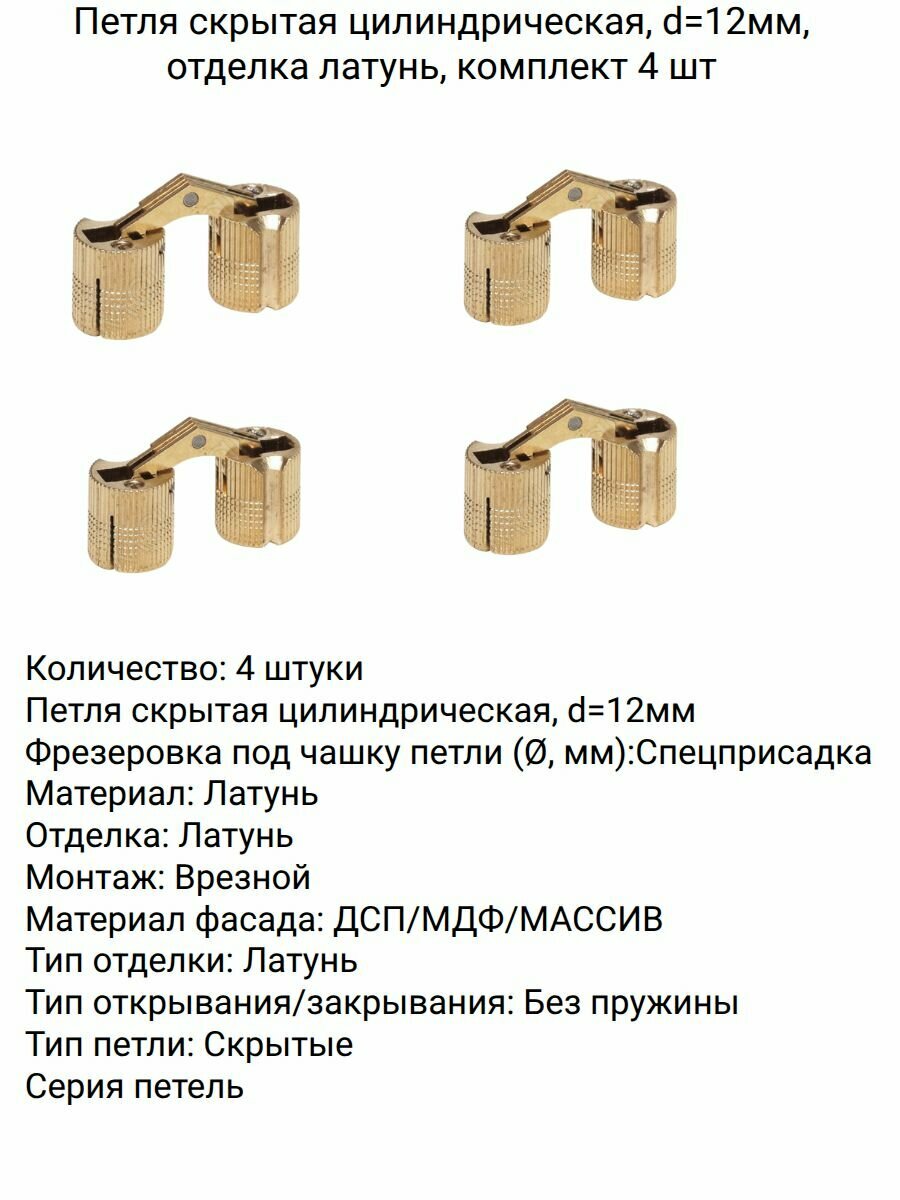 Петля ломберная скрытая цилиндрическая, d 12 мм, отделка латунь, комплект 4 штуки