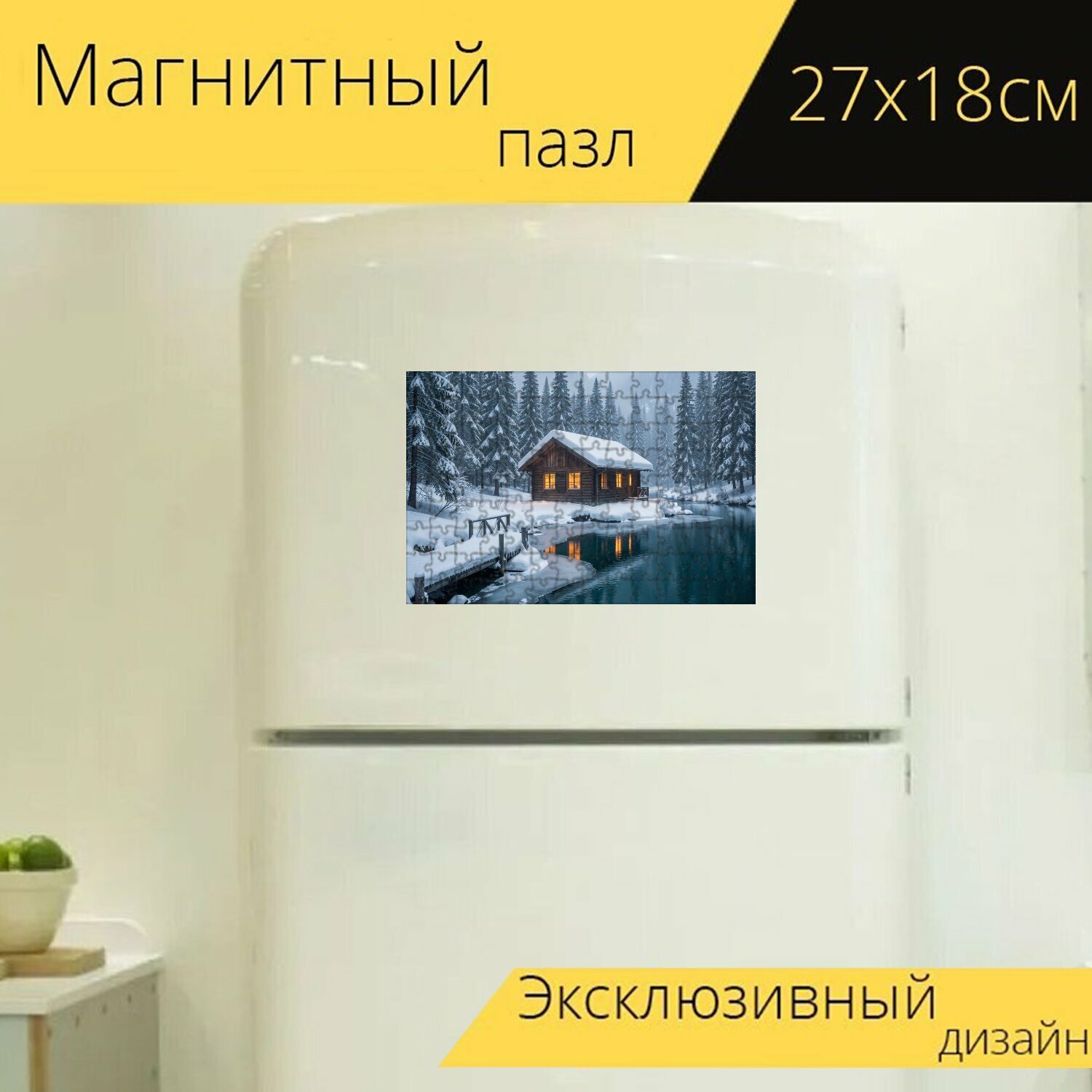 Магнитный пазл "Зимний домик у лесной реки. Уютная деревянная избушка с тёплым светом окон среди заснеженных елей, у бирюзовой воды и льда. Атмосферный." на холодильник 27 x 18 см.