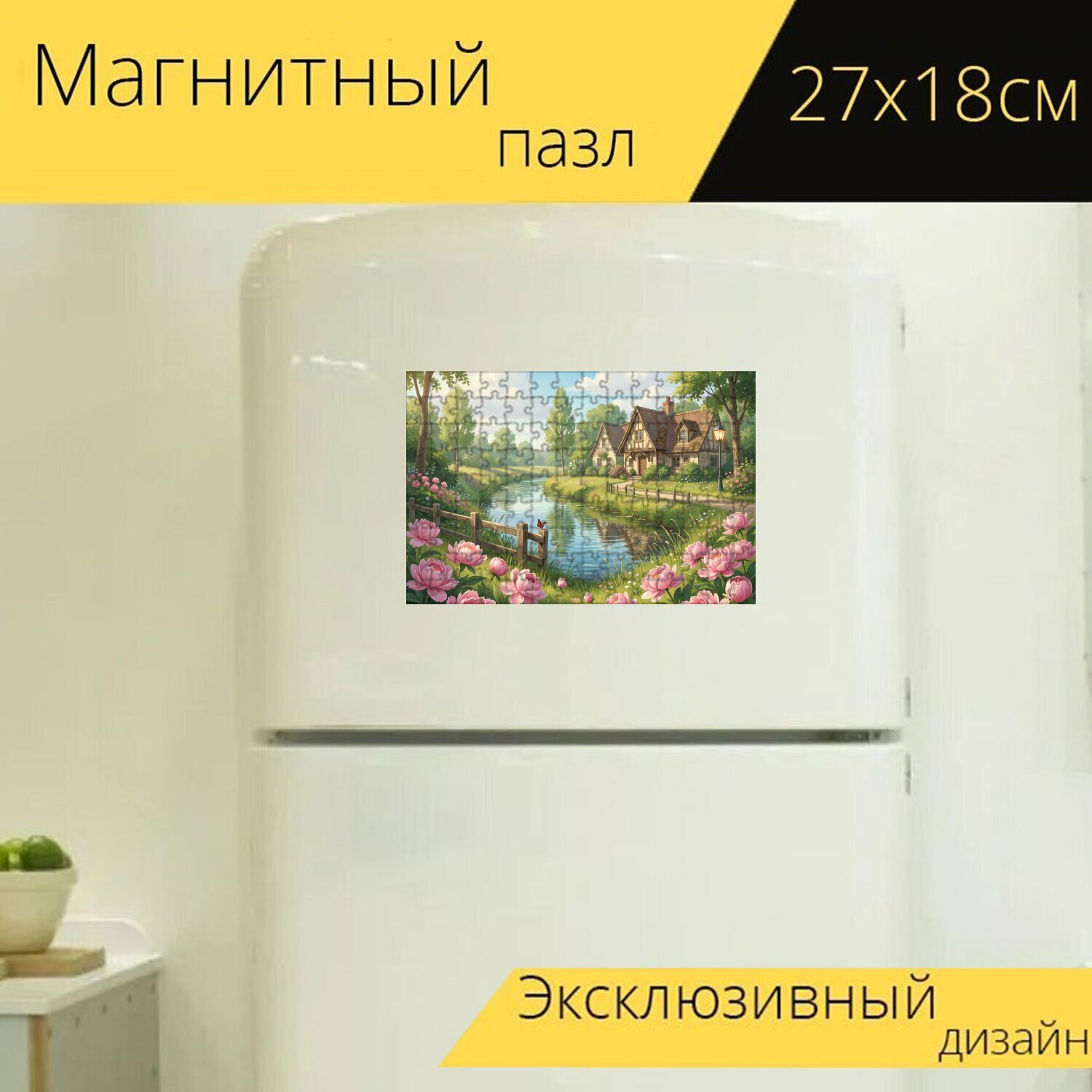 Магнитный пазл "Уютный домик у реки. Сказочный сельский пейзаж: коттедж у ручья, цветущий сад с розовыми пионами, зеленые деревья, голубое небо с." на холодильник 27 x 18 см.