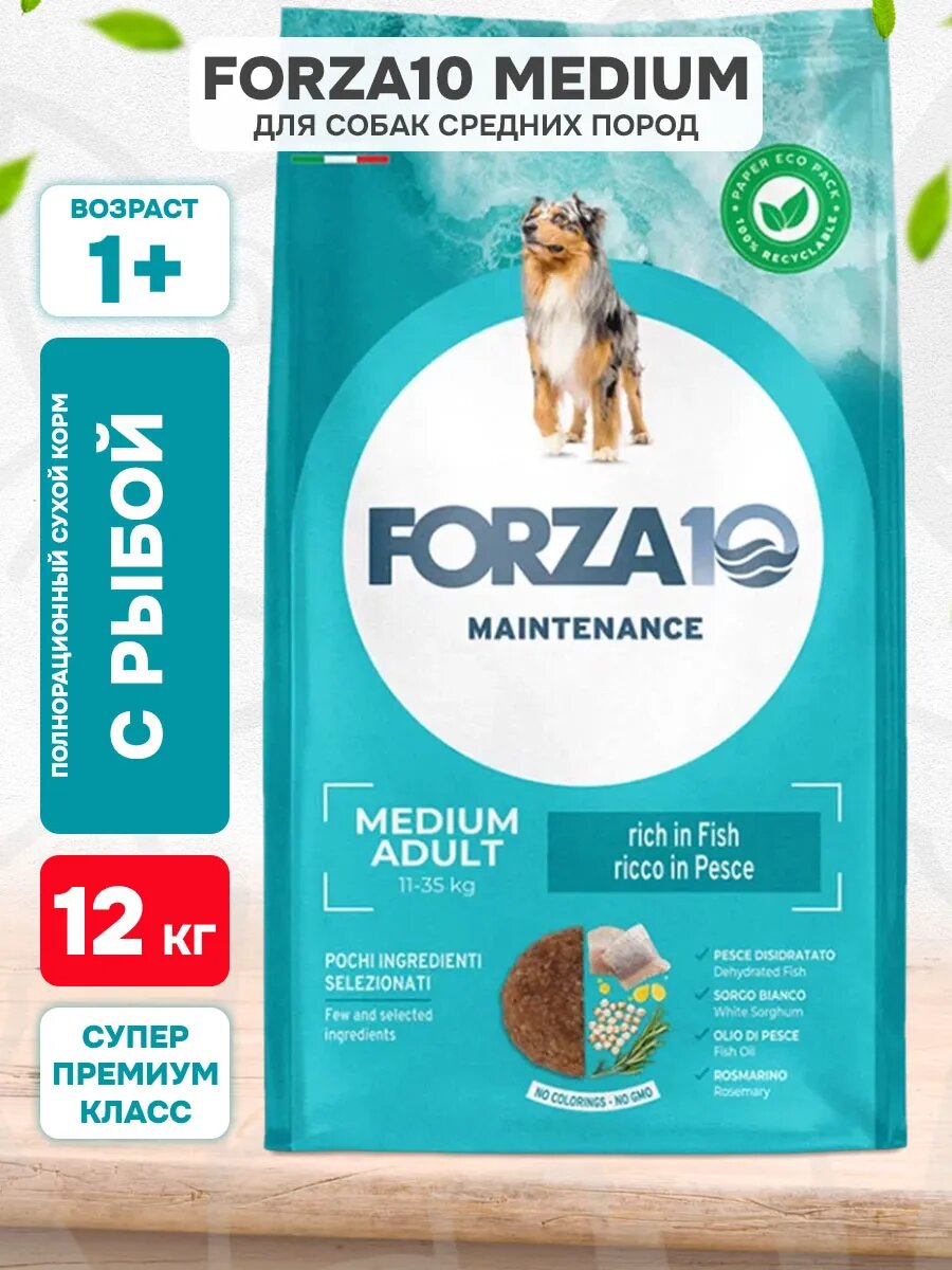 Корм сухой Forza10 Dog Maintenance Adult Medium для взрослых собак средних пород с рыбой, 12 кг