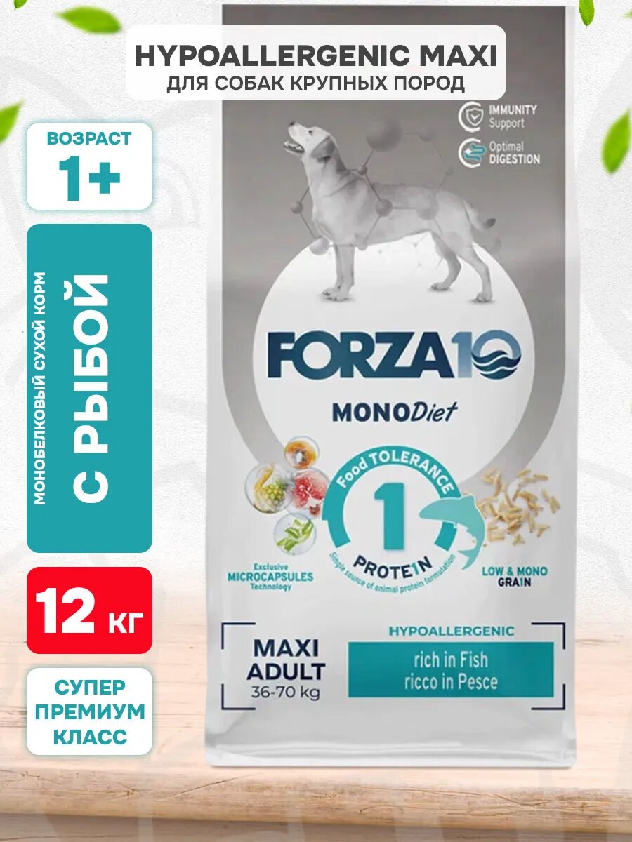 Корм сухой Forza10 Dog Maxi Monodiet Low Grain для взрослых собак крупных пород при аллергии с рыбой, 12 кг