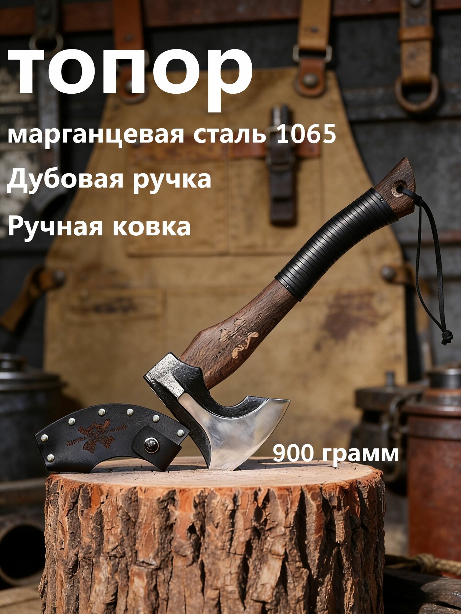 Высококачественный топор ручной ковки, материал - гусеничная сталь, рукоятка из красного дерева