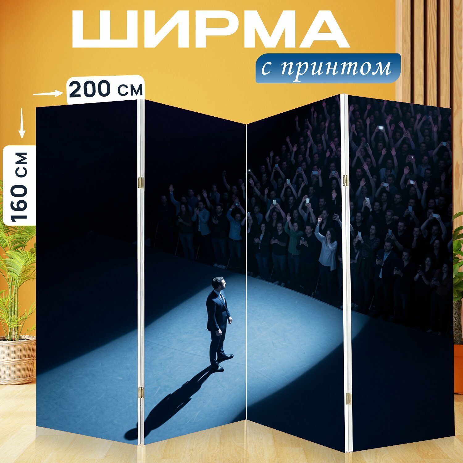 Ширма "Мужчина на сцене перед толпой. Оратор в деловом костюме стоит под ярким прожектором в темном зале." перегородка для зонирования комнаты с принтом 200x160 см. на холсте