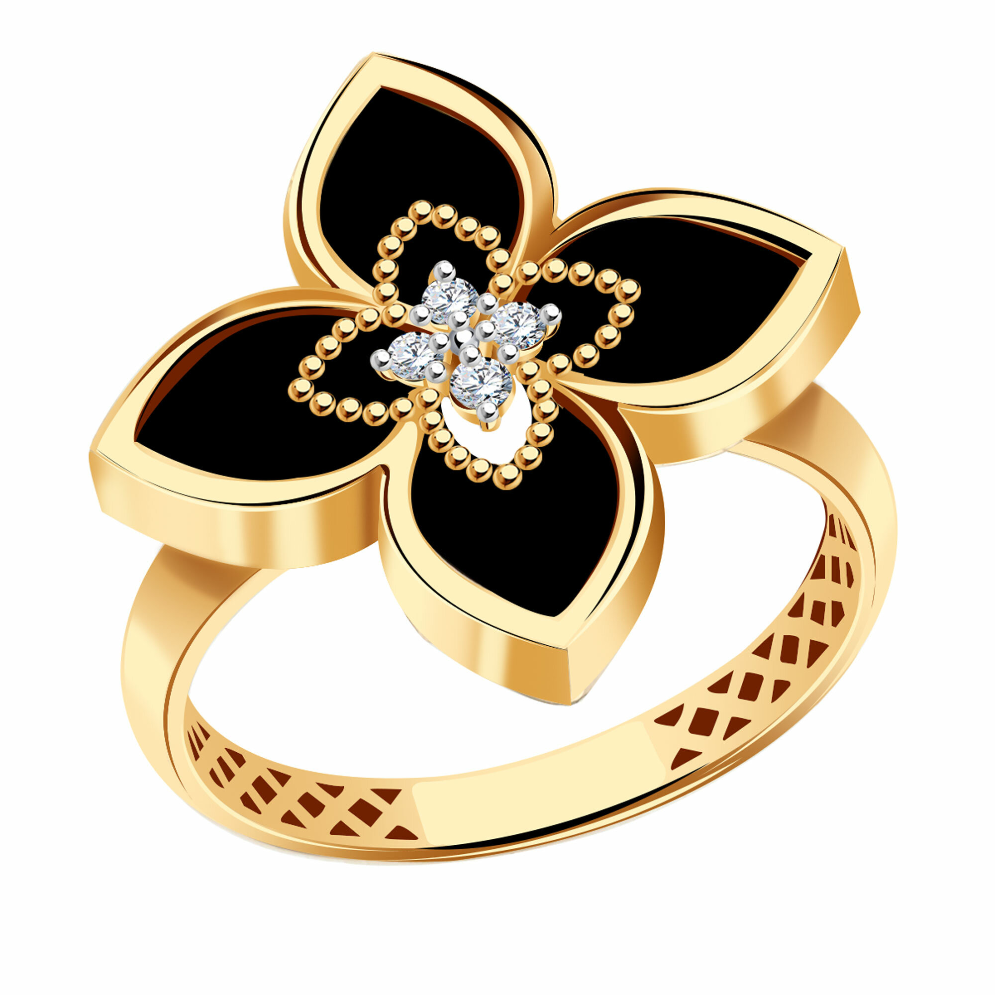 Кольцо, красное золото, 585 проба, фианит, оникс