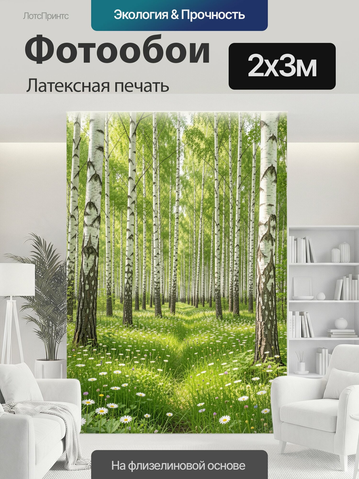 Фотообои моющиеся ударопрочные "Березовая роща с ромашками. Светлый лесной пейзаж с высокими белоствольными деревьями, сочной зеленой травой и." 200x300 см. латексная печать