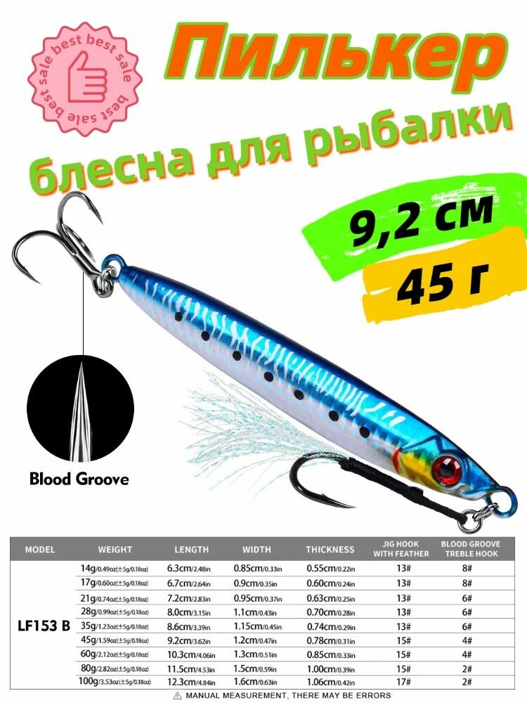 Пилькер блесна для рыбалки на щуку, жереха, окуня, судака /45 гр / 9,2 см