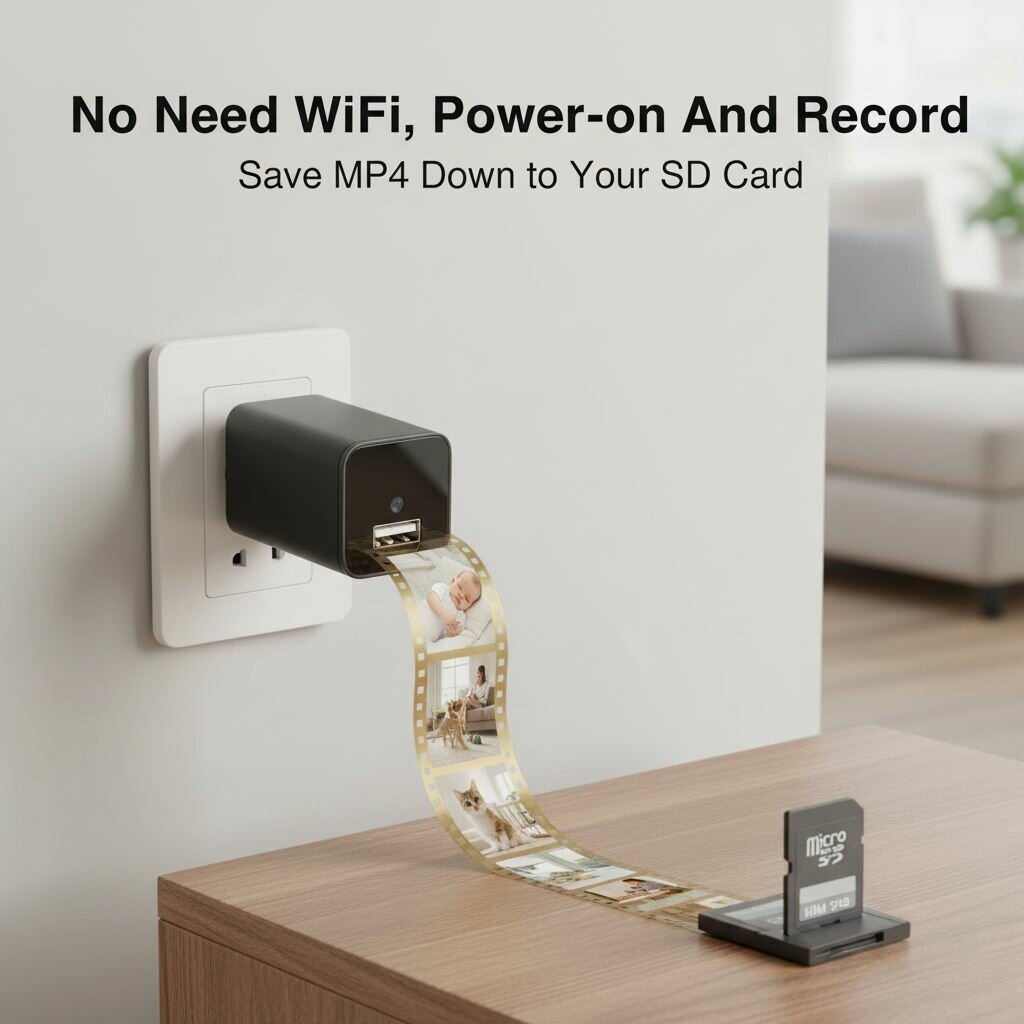 Подключается к внутренним WiFi-камерам безопасности, запись видео в формате Full HD 1080p, дизайн в виде настенной розетки, оповещения о обнаружении движения, функция циклической записи.
