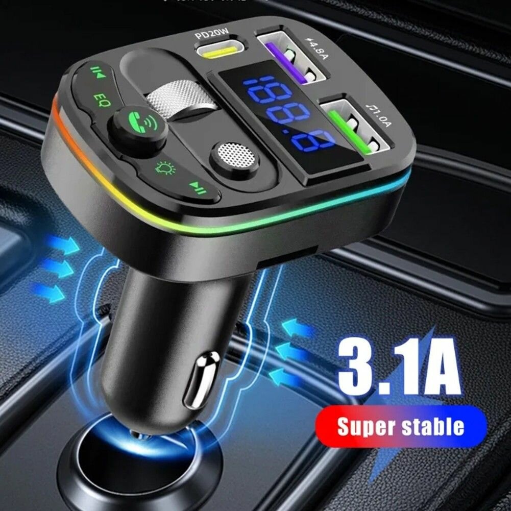 FM-трансмиттер Bluetooth 5.0 в автомобиль с USB и Type-C зарядкой, чтение флешек MP3/WMA/FLAC, дисплей напряжения