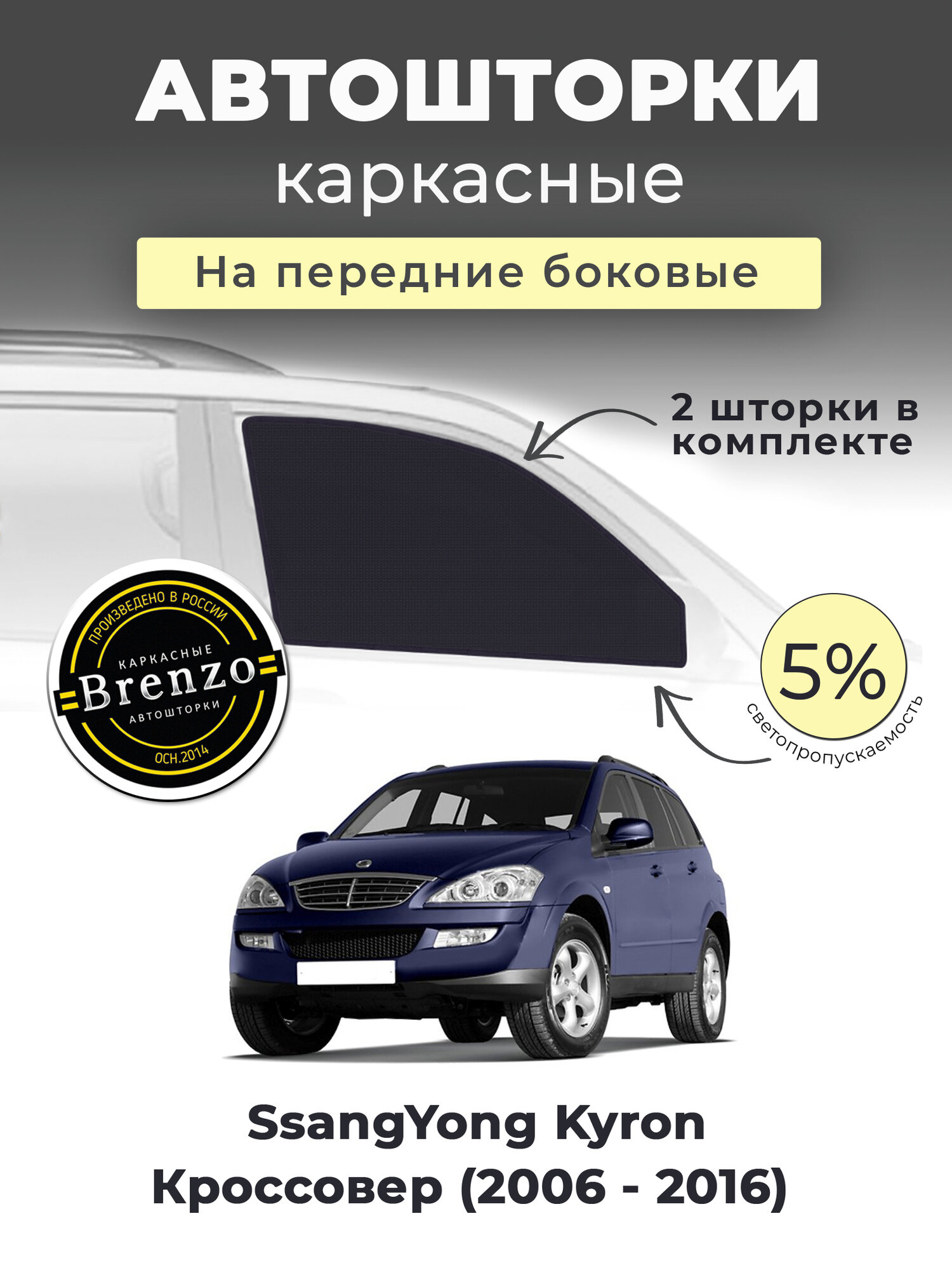 Каркасные шторки SsangYong Kyron Кроссовер (2006 - 2016) на передние боковые двери 5%, сетки от солнца в машину