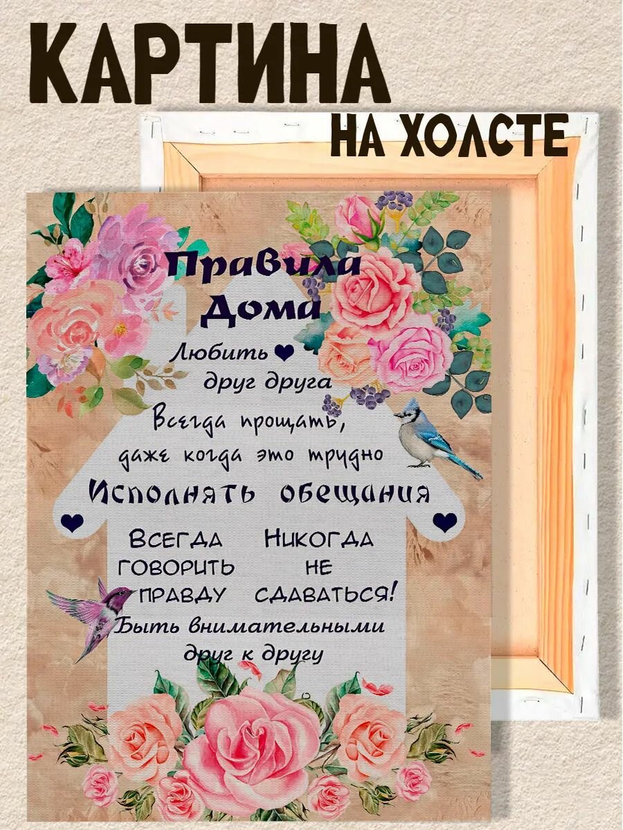 Картина на стену Правила дома, на подрамнике, 1шт, 38х25 размер.