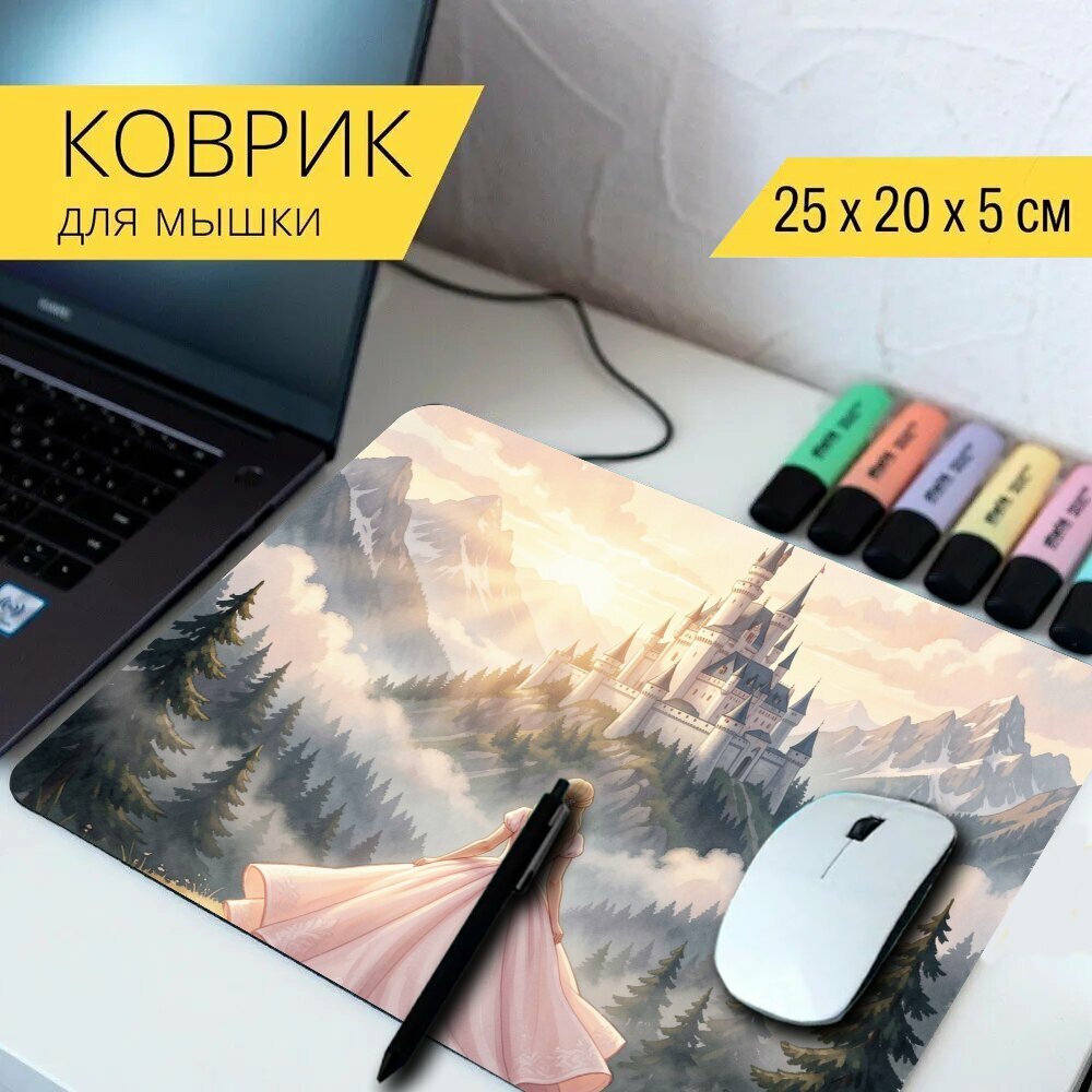 Коврик для мыши с принтом "Девушка у замка в горах. Фэнтезийная сцена с юной блондинкой в нежно-розовом нарядном платье, стоящей среди хвойного леса и туманных гор. Светлые." 25x20см.