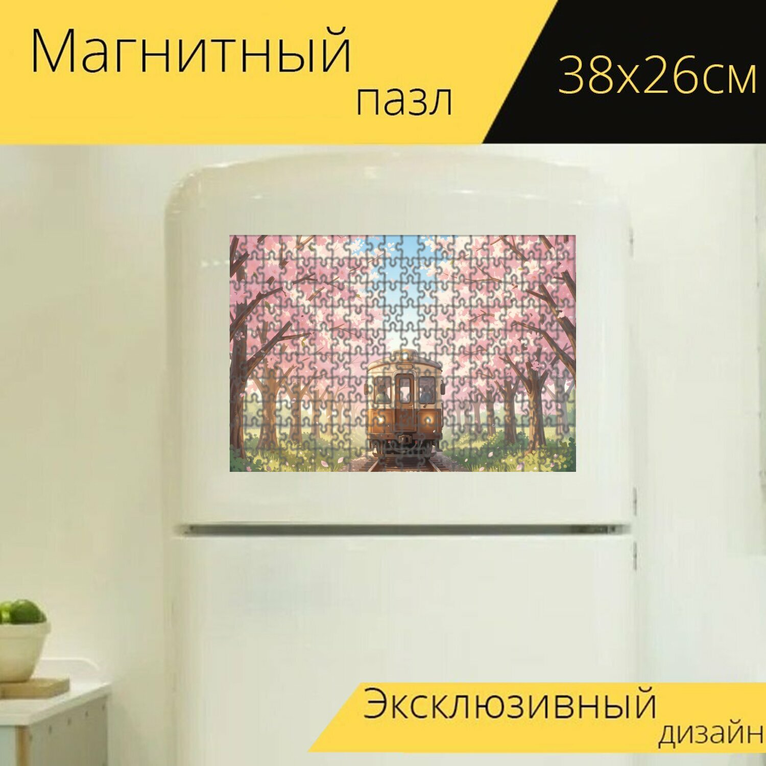 Магнитный пазл "Весенний поезд среди сакуры. Уютная ретро-электричка едет по рельсам через аллею цветущих деревьев, вокруг нежно-розовые лепестки, мягкий." для интерьера, 38х26 см.