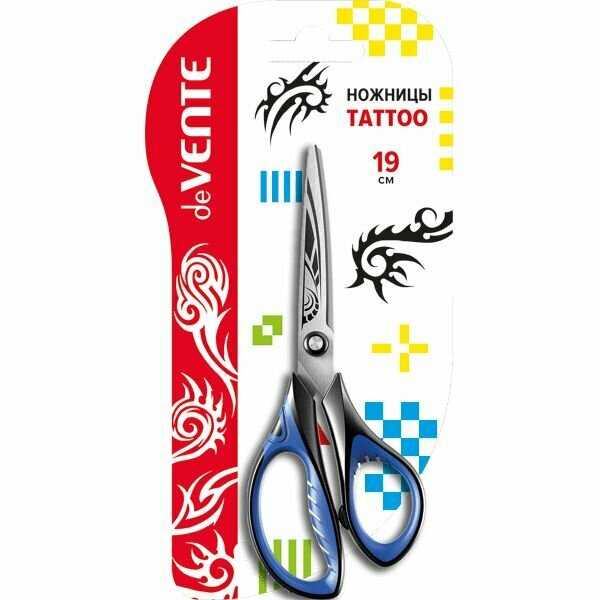 Ножницы 19 см "deVENTE. Tattoo" двухцветные прорезиненные кольца с лепестками / Ножницы для школы, офиса и дома