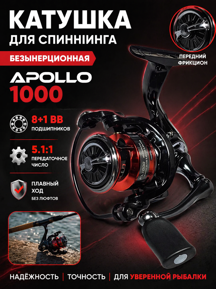 Катушка для спиннинга безынерционная YIN TAI APOLLO 1000 (8+1)BB, катушка рыболовная