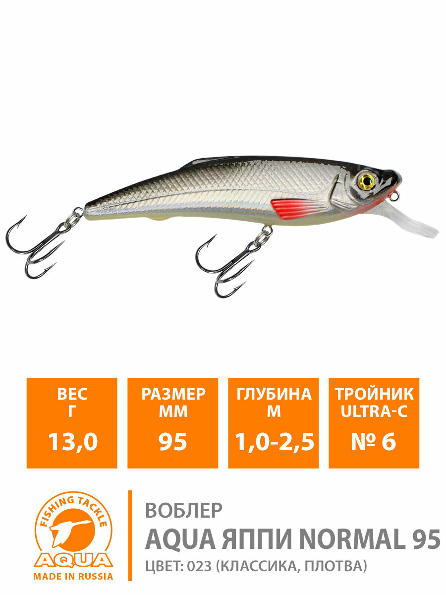 Воблер для рыбалки на щуку, судака, окуня AQUA Яппи Normal 95mm 13g. Воблер для троллинга, спиннинга. Цвет 023