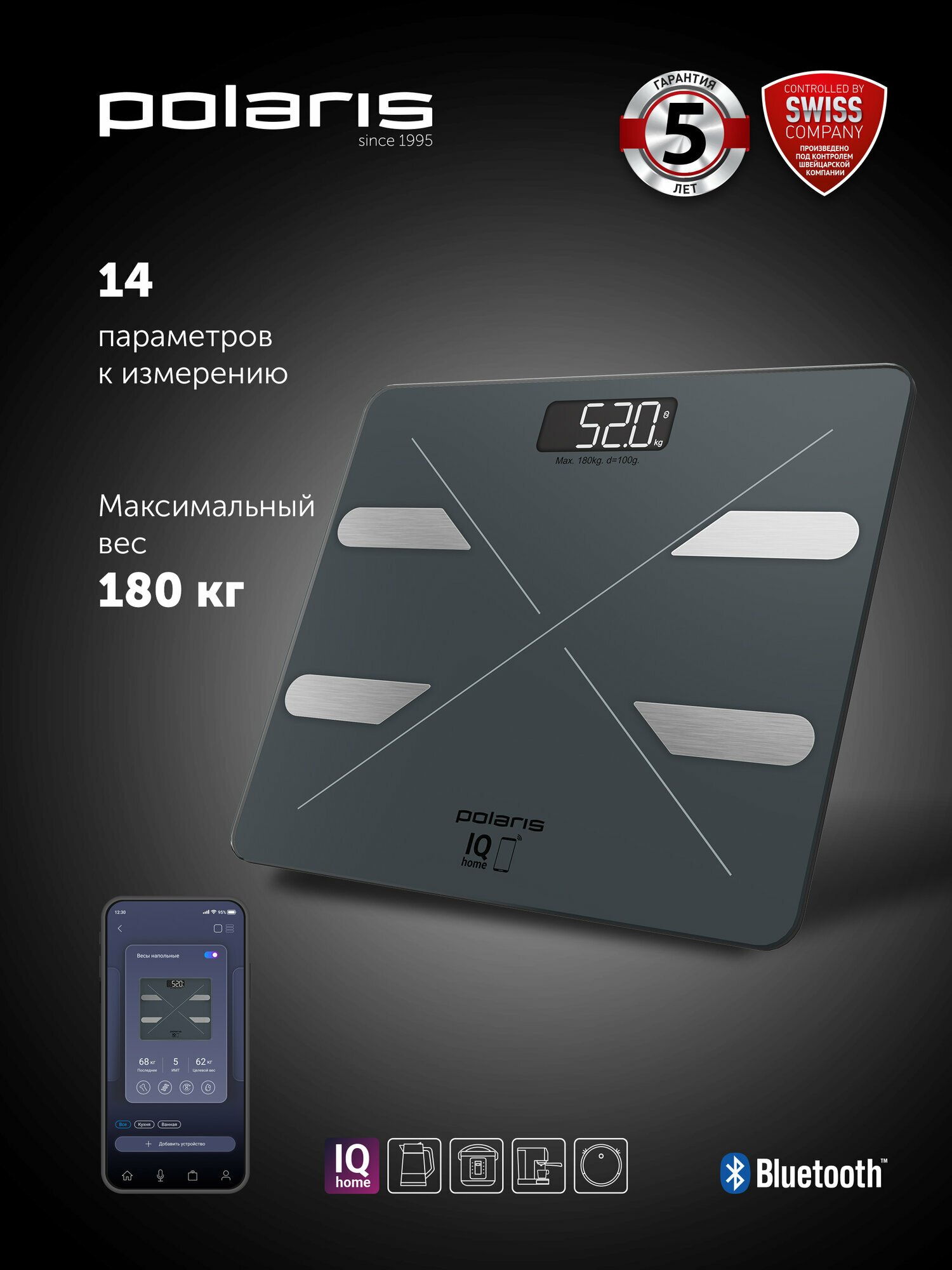 Весы напольные Polaris PWS 1898 IQ Home, синхронизация со смартфоном