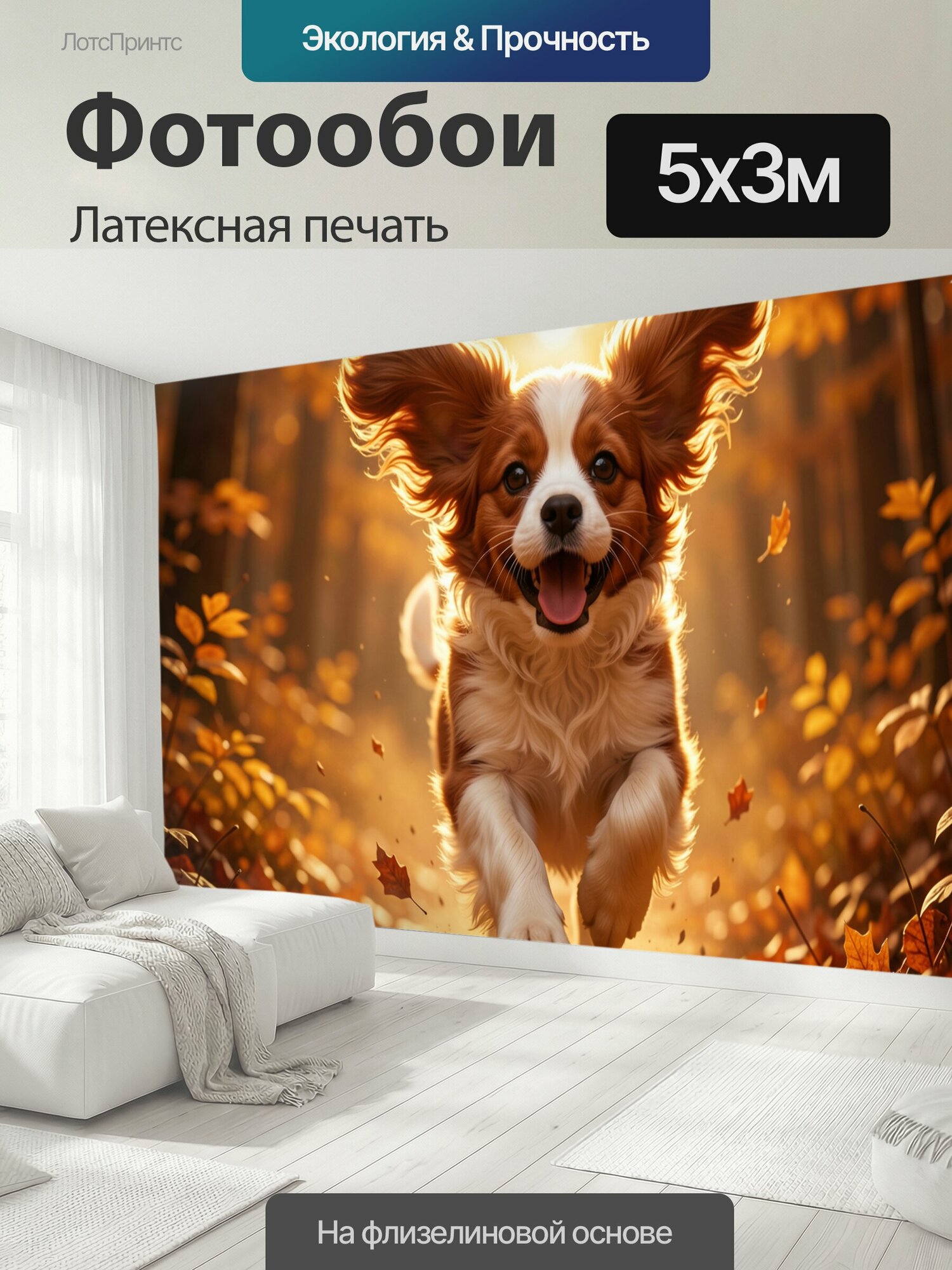 Фотообои моющиеся ударопрочные "Радостный спаниель в осеннем лесу. Прыгающая собака с длинными ушами на фоне золотой листвы, теплый солнечный." 500x300 см. латексная печать