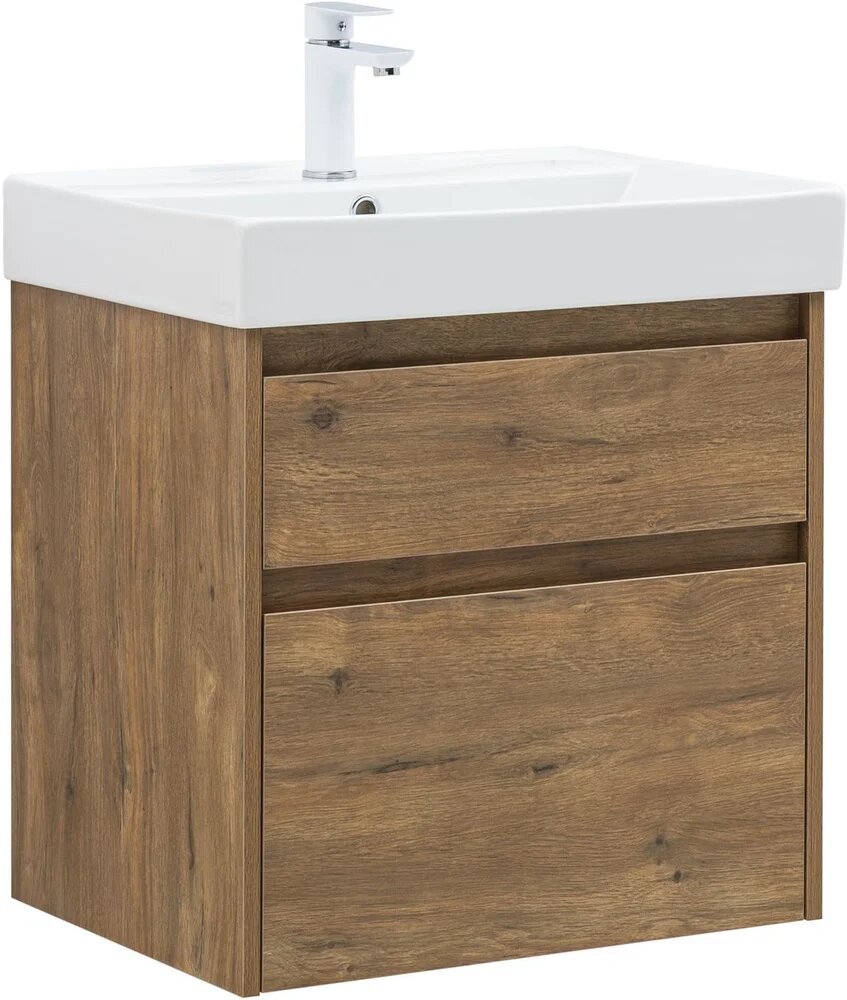 Тумба с раковиной Aquanet Nova Lite 2.0 60 подвесная, 60,5 см, светлое дерево, матовая, из ЛДСП, с ящиками, раковина для ванной, фаянсовая, прямоугольная, встроенный слив-перелив