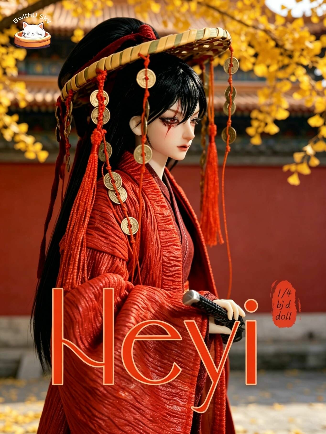BwithUSky Heyi 1/4 BJD Кукла: Красный китайский костюм с шляпой, загадочный образ в стиле древнего воина