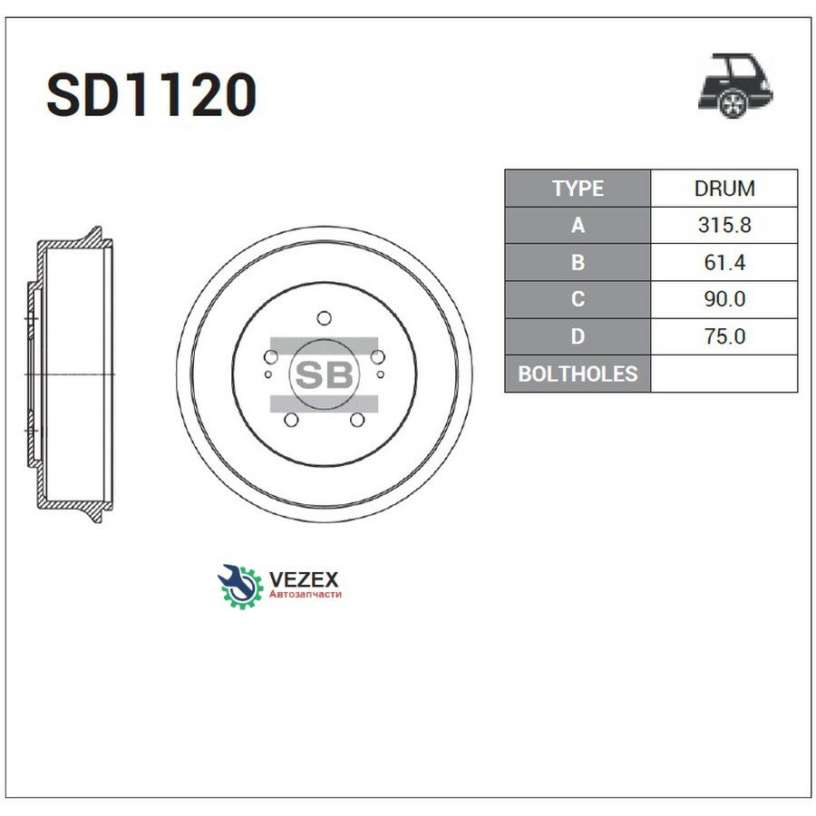 SANGSIN BRAKE SD1120 барабан тормозной задний!\ Hyundai Porter 2.4/2.5CRDi/H100 2.4-2.6D