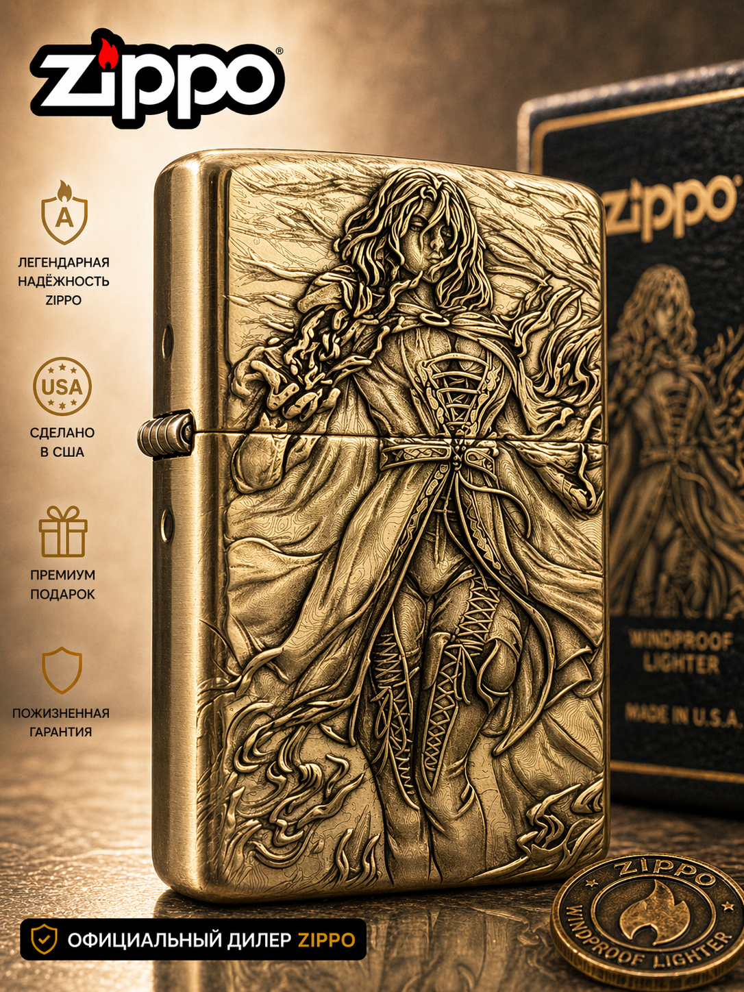 Зажигалка Zippo Armor "Lady of Fire", подарочная, откидная крышка, для плиты, для сигарет