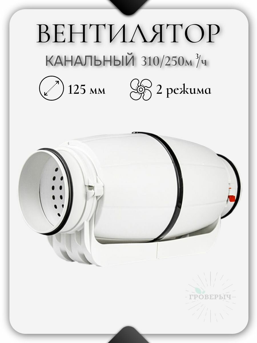Вентилятор канальный малошумный Silent 125мм двухскоростной 310/250 м3