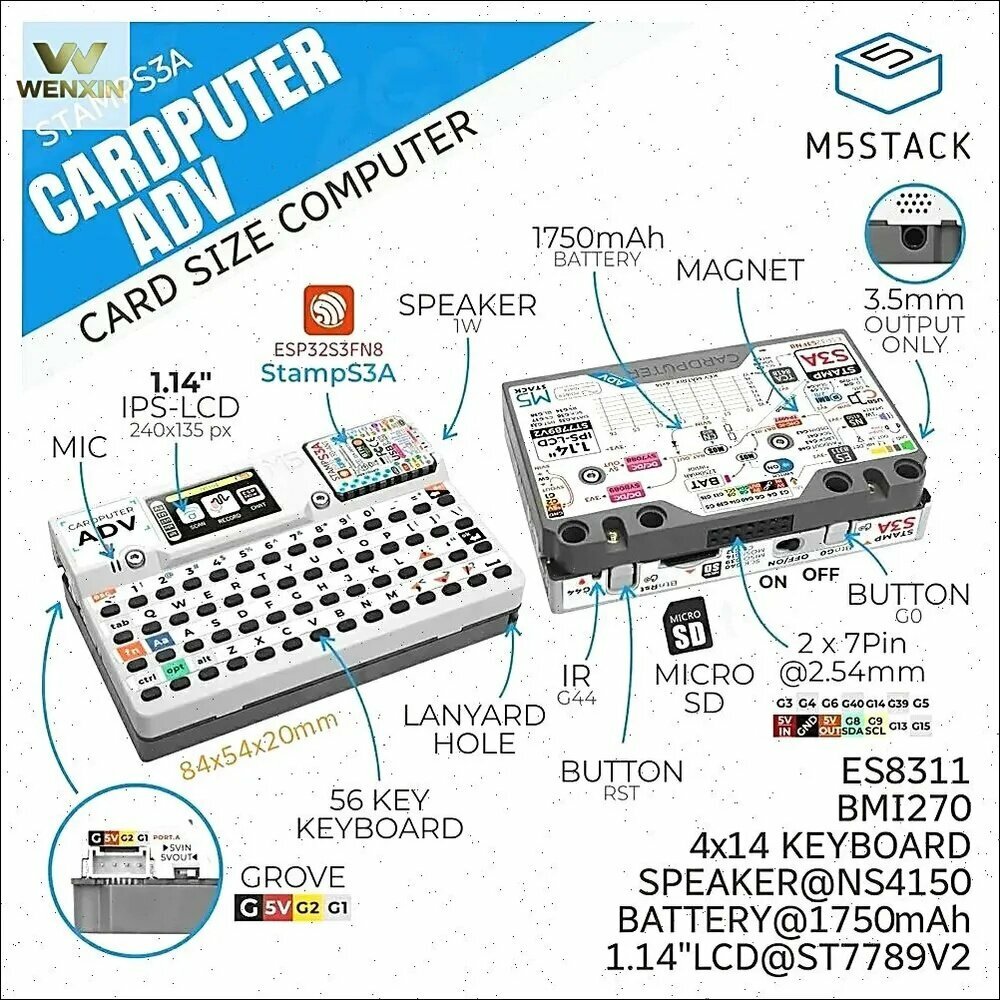 M5stack Cardputer Adv Модулем Stamp-S3A и LCD Экраном 1.14 Дюйма