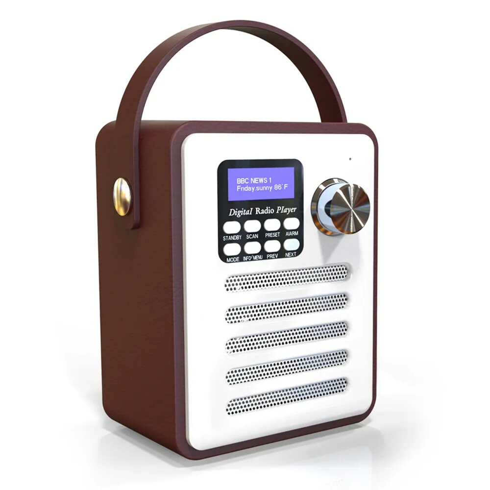 Динамики беспроводные с цифровым радиоприемником DAB/DAB+, плеером MP3, разъемом AUX IN, поддержкой чтения TF-карт и USB-флешек, FM-радио, переносным ручком и функцией будильника, модель