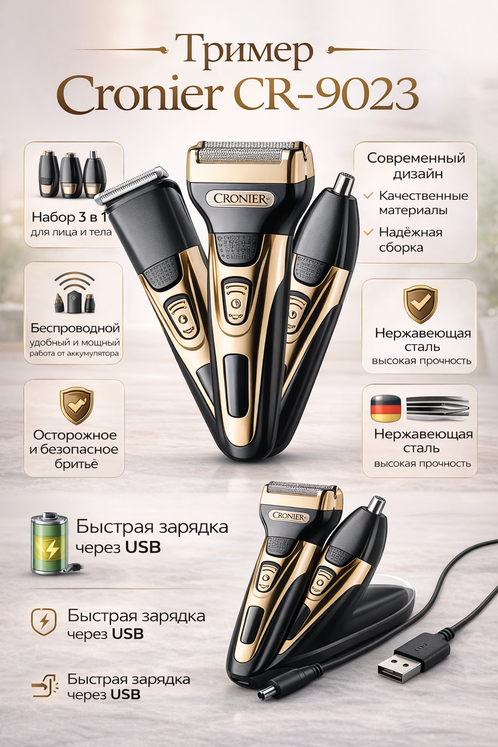 Триммер ElektroBit CR-9023 профессиональный 3 в 1 для бороды, носа и тела