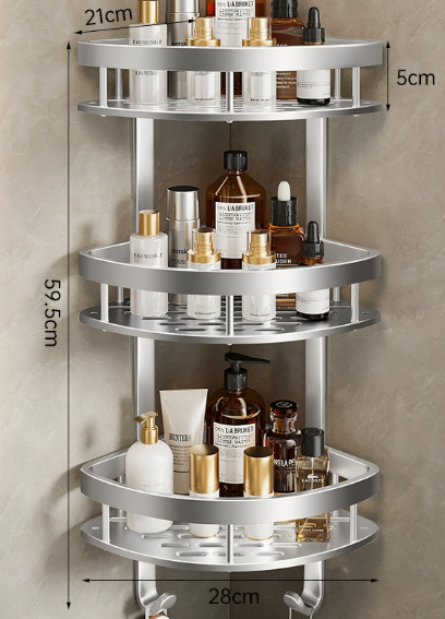 Угловая полка для ванной комнаты настенная без сверления из алюминия Space Aluminum（Серебристый трехъярусный）