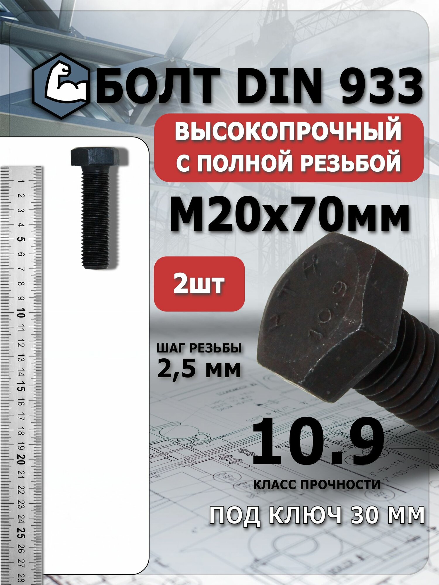 Болт шестигранный DIN933 20х 70 10.9 (2шт)