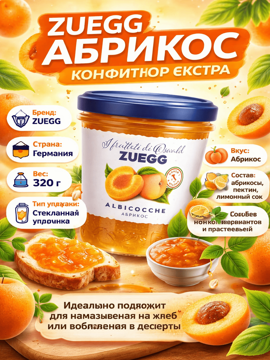 Джем Zuegg Абрикос конфитюр экстра, 320г