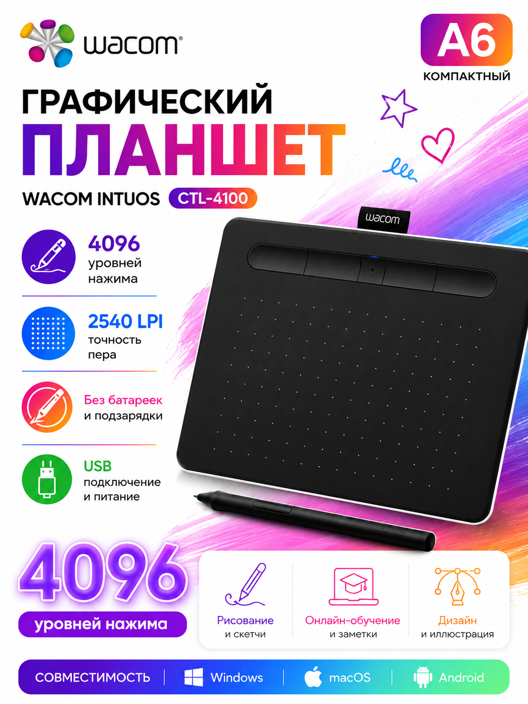 Графический планшет Wacom Intuos CTL-4100 для рисования , A6, 4096 ур. · 4 клавиши, 2540 lpi, USB, черный