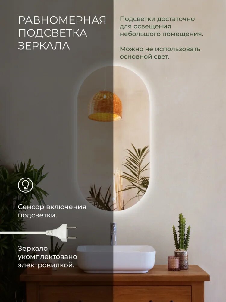 Зеркало Orange Nature 60 со светодиодной подсветкой, с подогревом, 60 см, с сенсорным управлением, пластиковое, в современном стиле