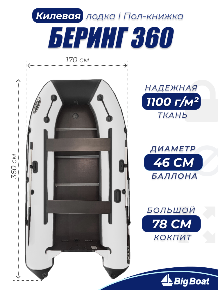 Надувная, под мотор, килевая лодка из ПВХ для рыбалки Bering (Беринг) 360К пол-книжка