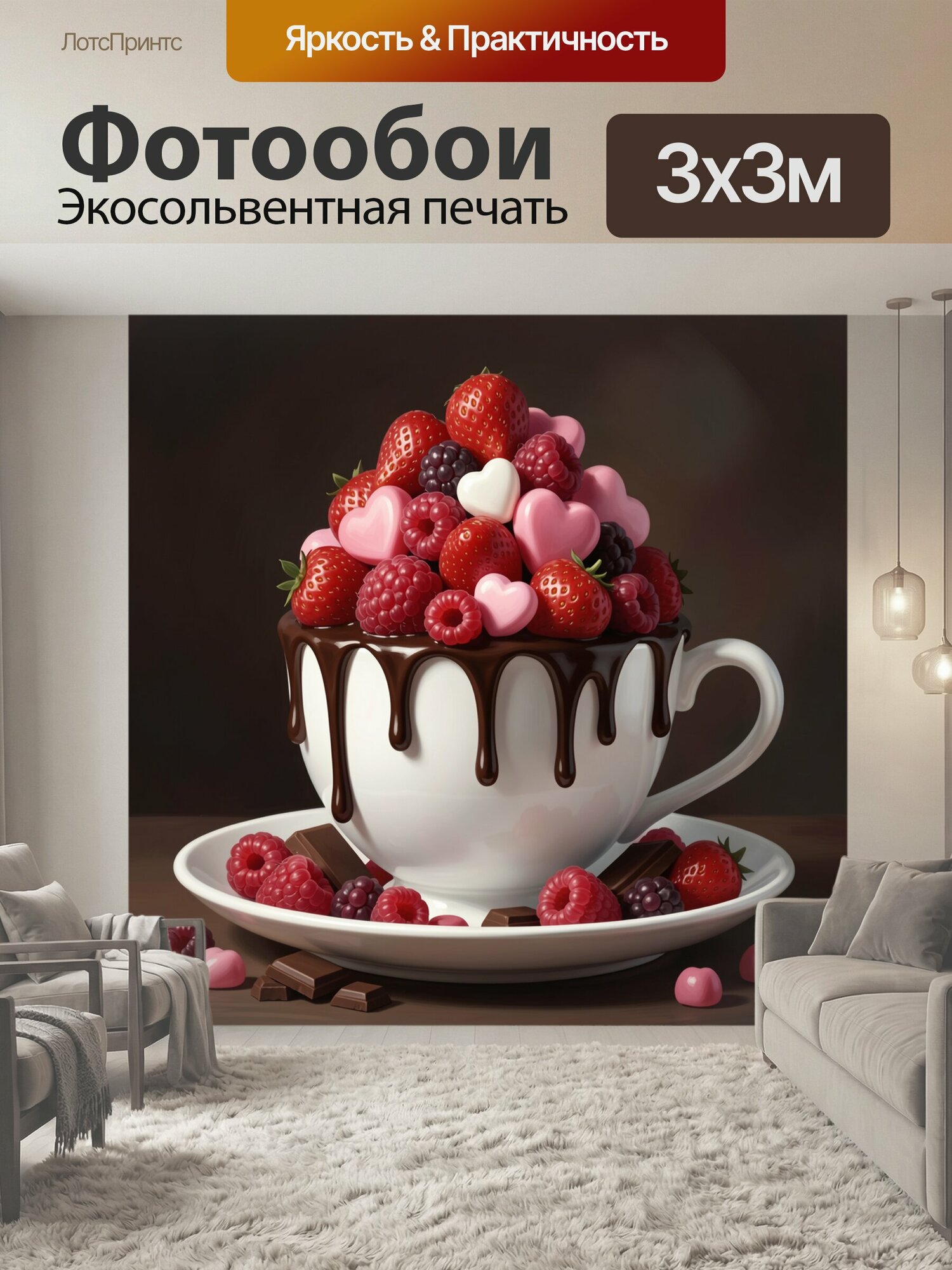 Фотообои "Клубничный десерт с шоколадом. Роскошный сладкий натюрморт в 3D-стиле: белая чашка с шоколадной глазурью, ягодами малины и ежевики." 300x300 см. экосольвентная печать