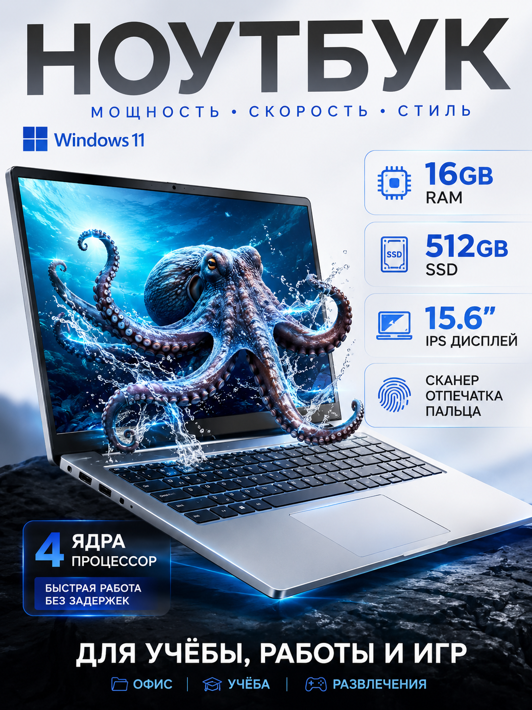 Ноутбук 15.6" IPS, 16GB RAM, 512GB SSD, Windows 11 Pro + Office, сканер отпечатка