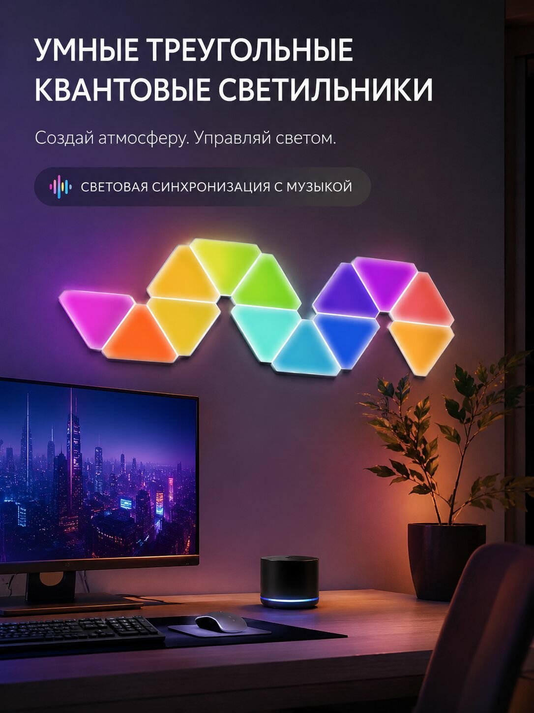 Умные квантовые светильники RGB на стену, модульная геймерская подсветка треугольники для комнаты, Bluetooth и пульт6 штук