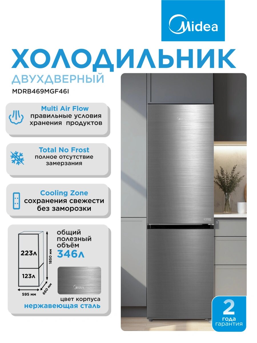 Холодильник Midea MDRB469MGF46I двухкамерн. общий объем 360л нержавеющая сталь мат.