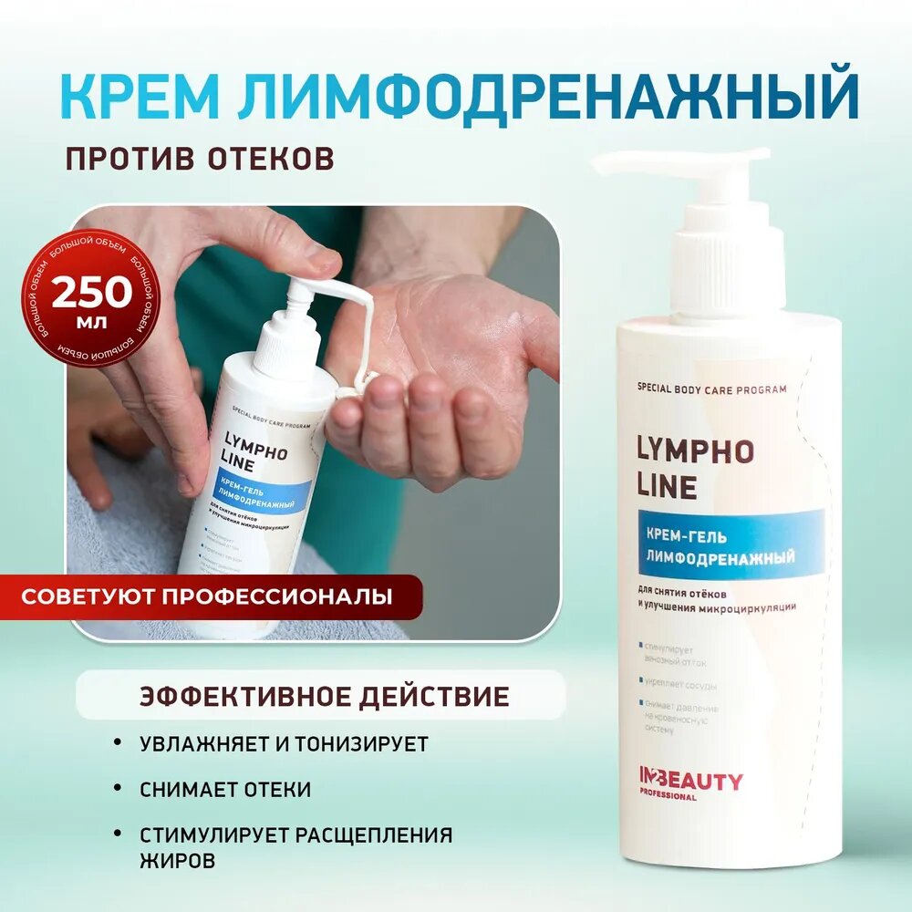 IN2BEAUTY Professional/ Крем для тела увлажняющий LYMPHO LINE для снятия отёков, для микроциркуляции, укрепление сосудов, 250 мл с дозатором