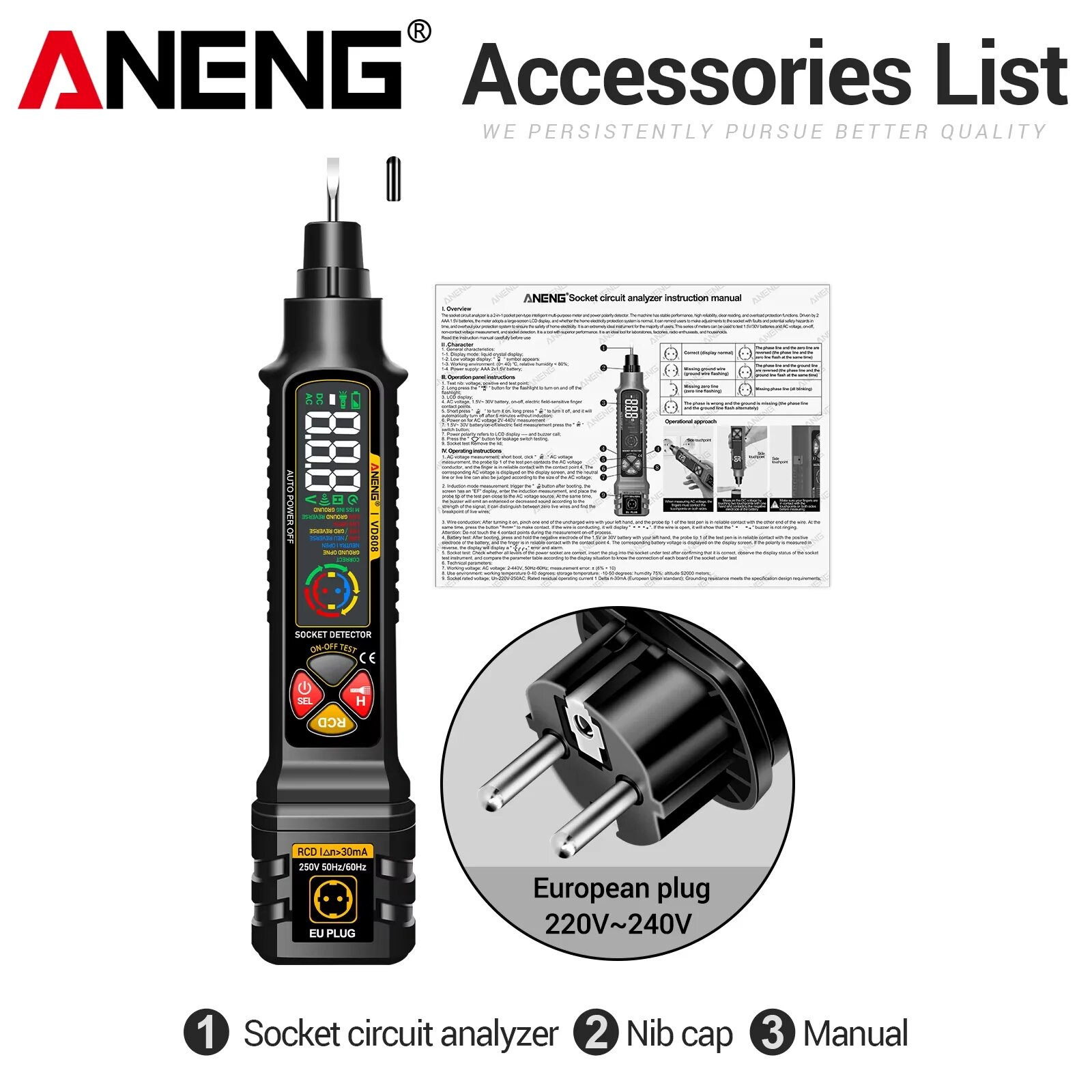 Тестер розеток ANENG VD808, черный, EU Plug