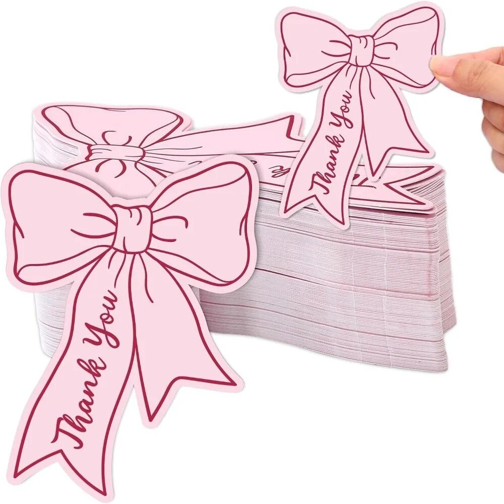 Открытки «Спасибо» 100 шт, бумажные, с розовым бантом Розовый, Pink
