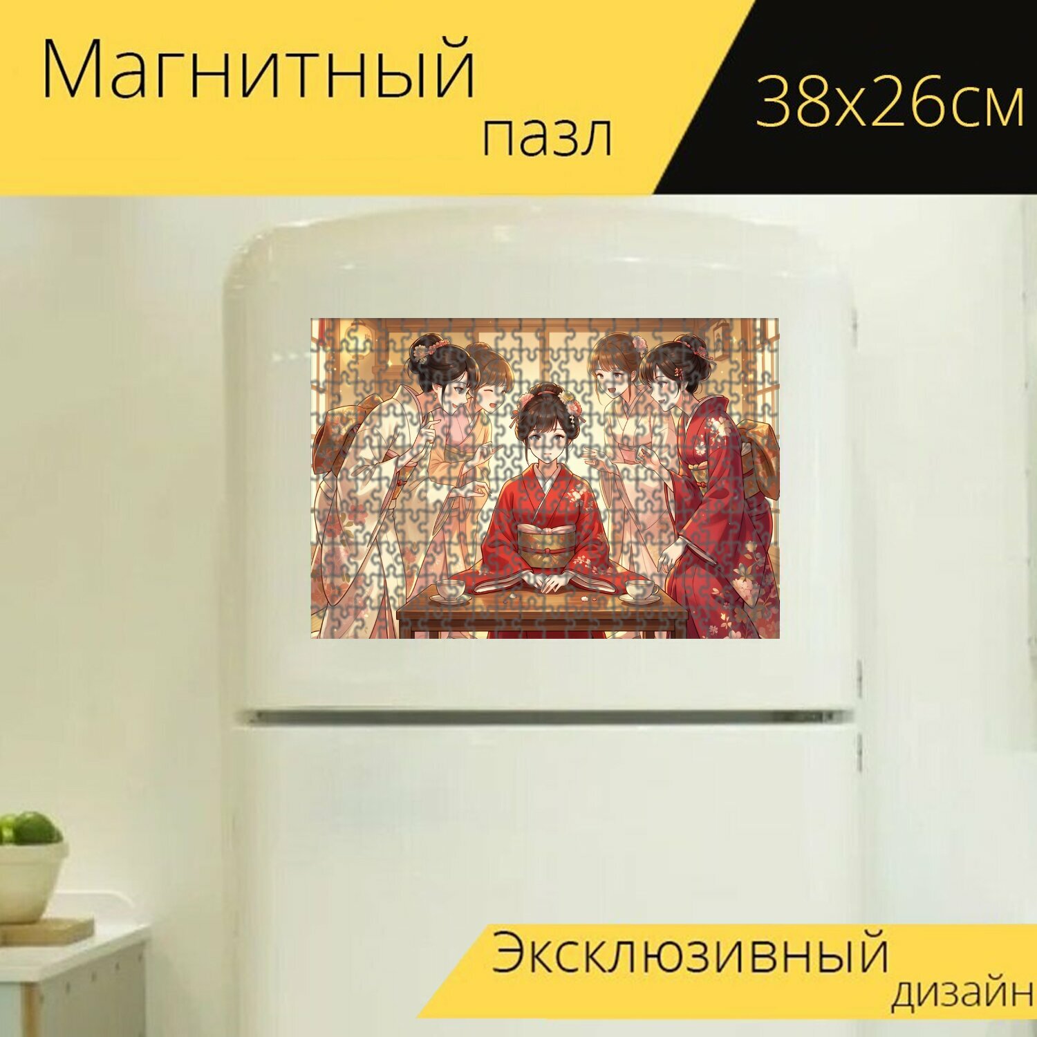 Магнитный пазл "Вечер в японском интерьере. Аниме-иллюстрация: пять девушек в традиционных нарядах вокруг чайного столика, бумажные фонари, цветочные узоры." для интерьера, 38х26 см.