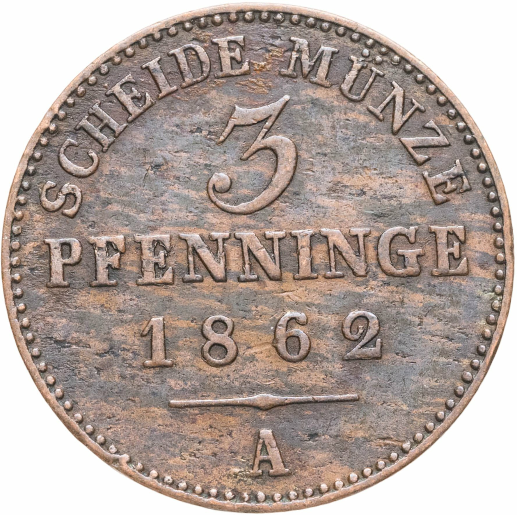 Германия, Пруссия 3 пфеннига 1862, Медь, в сохранности VF
