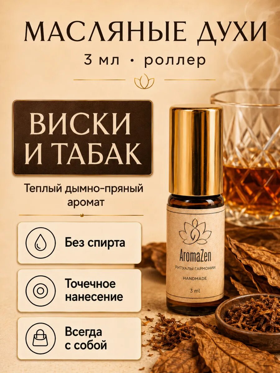 Масляные духи роллер "Виски и табак", женские, без спирта, шариковые, 3 мл